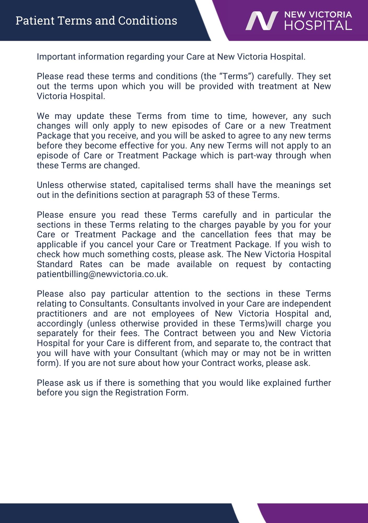 Hospital Terms & Conditions | New Victoria Hospital